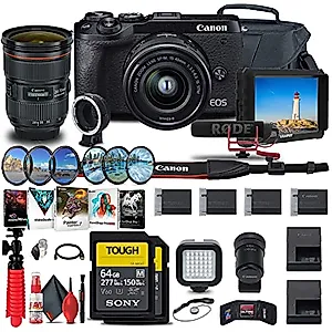 Canon EOS M6 Mark II Mirrorless Digital Camera with 15-45mm Lens and EVF-DC2 Viewfinder (Black) (3611C011) + Canon EF-M Lens Adapter + 4K Monitor + Canon EF 24-70mm Lens + Pro Mic + More (Renewed)