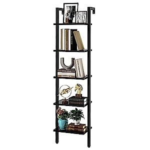 YMYNY 5 Tiers Narrow Ladder Bookcase, Industrial Wall Mounted Bookshelf, Open Display Rack with Metal Frame, Wooden Storage Shelves for Bedroom, Home Office, Living Room, Black, 70*17.3*11.8"UHBC015B