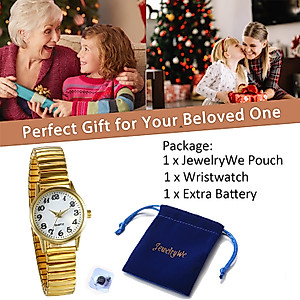 JewelryWe Women's Ultra Thin Easy Reader Watch with Elastic Strap, Golden/Silver Watch