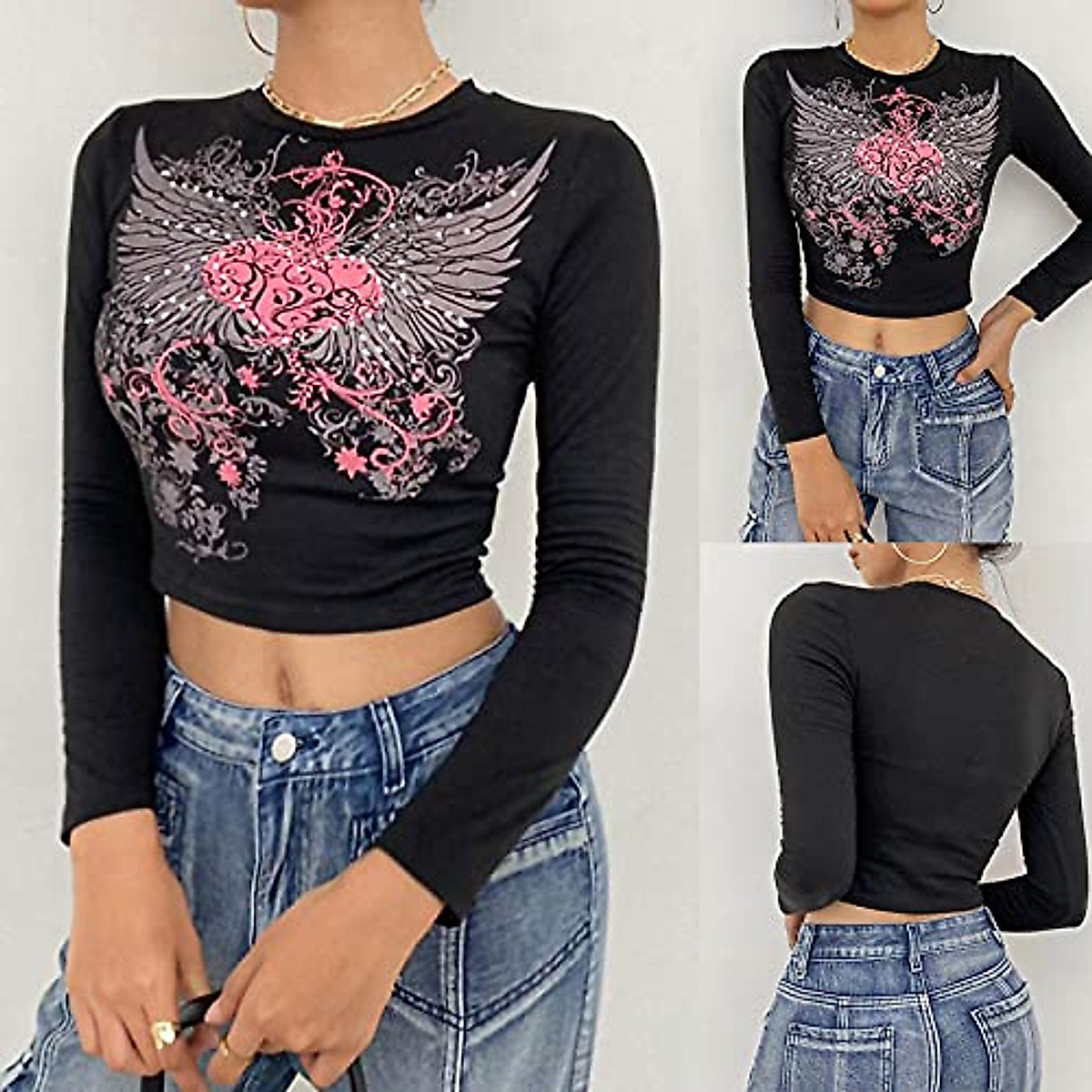 Women Teen Girls Funny Printed Top Blouse Women Y2K Cool Punk Top Blouse Women Long Sleeve Top Blouse Black