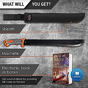 18.5-Inch Serrated Blade Machete with Nylon Sheath - Saw Blade Machetes with Non-Slip Rubber Handle - Best Brush Clearing Tool Machete for Cutting Trees and Yard Work - Survival E-Book Included 13153