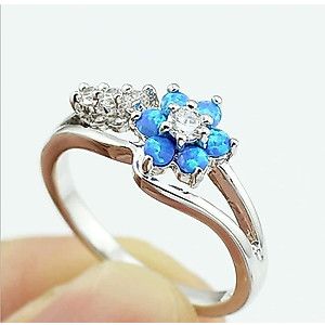 Pingyongchang Exquisite Round Cut White Fire Opal Stone Flower Women Opal Rings Diamond Zircon Female Jewelry Accessory Birthday Proposal Gift Bridal Engagement Party Band Ring-Blue Size 10
