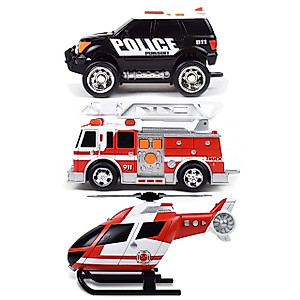 Sunny Days Entertainment Maxx Action Mini Rescue Vehicles 3 Pack | Rubber Tires | Lights & Sounds | 8 Assorted Styles | Helicopter - Fire Truck - Ambulance | Color & Style May Vary