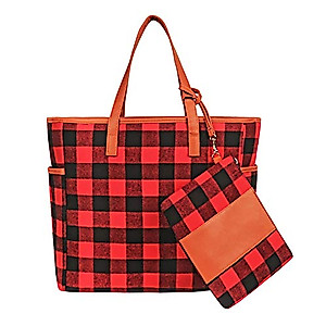 MONOBLANKS Women Buffalo Plaid Check Tote Set with Matching Wristlet,Personalized Top Handle Handbag Working Bag Best Gift for Her (Red Buffalo Plaid)