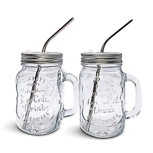Home Suave Mason Jar Mugs with Handle, Regular Mouth Colorful Lids with 2 Reusable Stainless Steel Straw, Set of 2 (Silver), Kitchen GLASS 16 oz Jars,Refreshing Ice Cold Drink & Dishwasher Safe