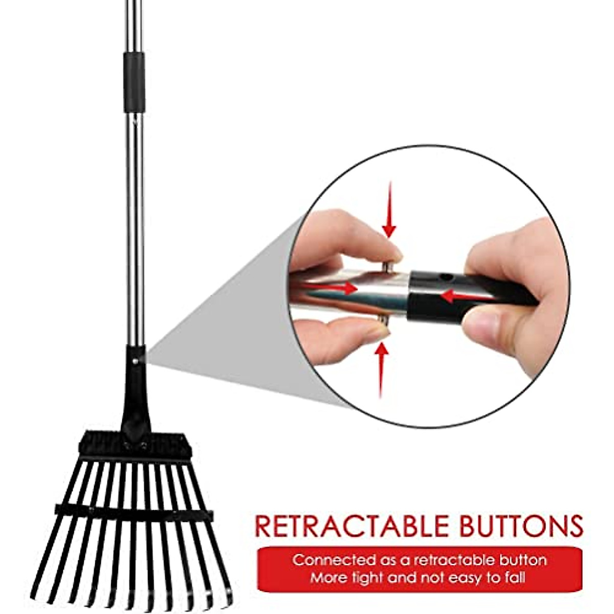 HOMIMP Adjustable Garden Leaf Rake,34" - 55" Adjustable Lightweight Aluminum Handle 11 Tines Rake,8" Inch Wide,for Gardeners,Kids Leaf Rake,Detachable Garden Rake,Easy to Carry (Black)