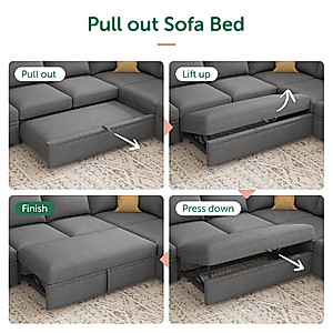 HONBAY Modular Sectional Sleeper Sofa with Pull Out Bed, U Shaped Sectional Couch with Storage Ottoman Convertible 7-Seater Sofa, Dark Grey