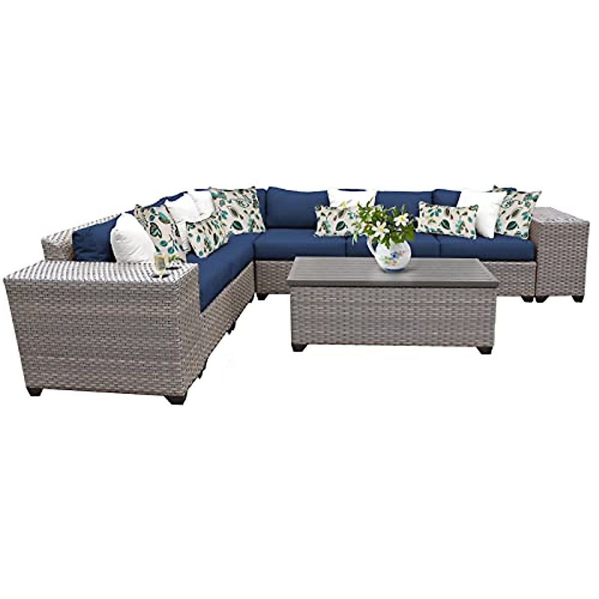 TK Classics Florence Sectional Seating Group with Cushions 9 Piece Outdoor Wicker Patio Furniture Set, Navy