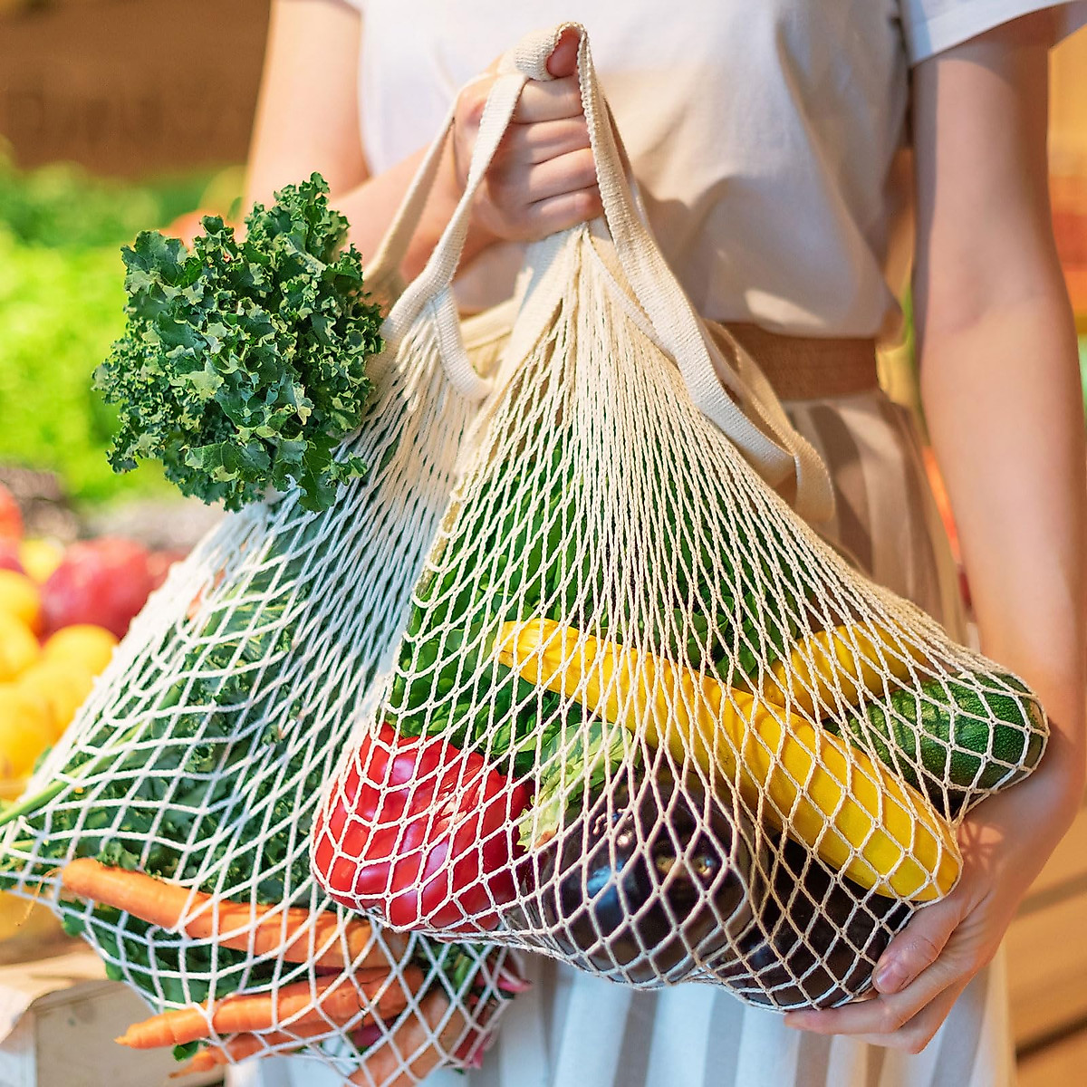 Woanger 24 Pcs Reusable Cotton Mesh Produce Shopping Bags Washable Grocery Bag Net Portable Fruit and Vegetable Bag Cotton String Bags Long Handle Net Tote Organizer (Short Handle)