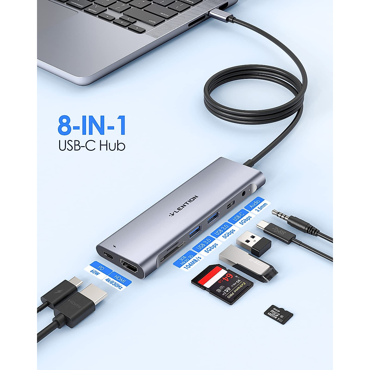 LENTION 3.3FT Long Cable USB C Hub with 4K HDMI, 2 USB 3.0, Card Reader, Aux, Type C Data/Charging Compatible 2023-2016 MacBook Pro, Mac Air/Surface, More, Stable Driver Adapter (CB-C37, Space Gray)