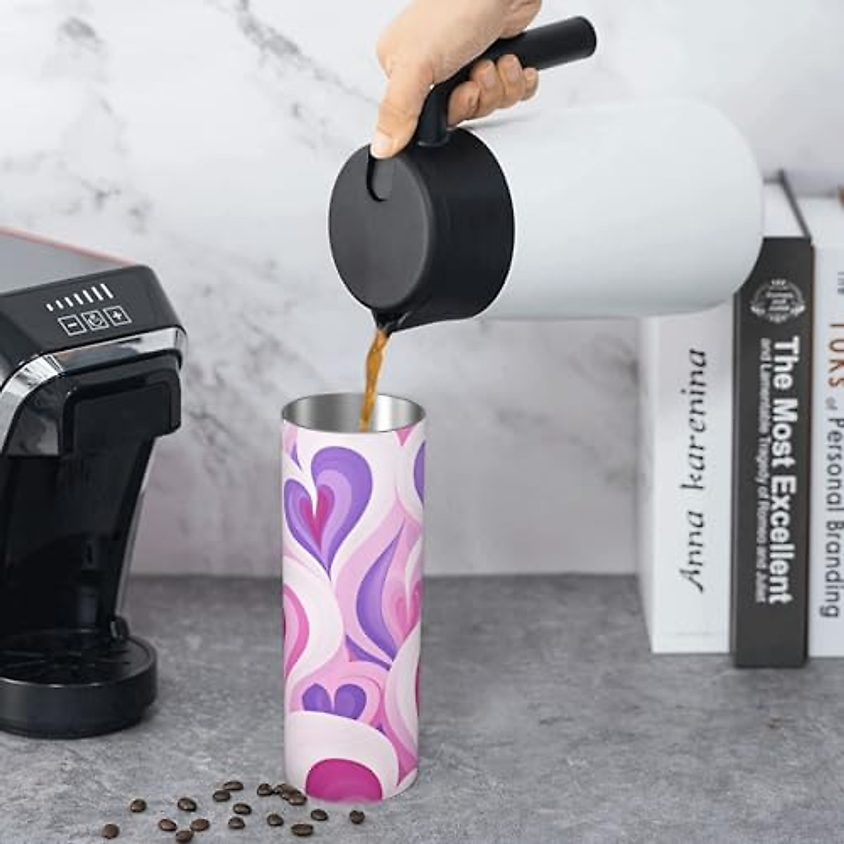 Tangopi Pink Purple Heart 20 oz Tumbler with Lid and Straw Insulated Travel Coffee Mug Reusable Spill Proof Coffee Cups Stainless Steel Water Bottle for Hot and Cold Drinks