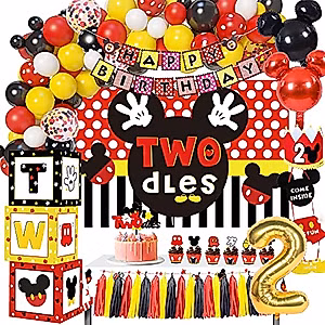 GREPARPY Mickey 2nd Birthday Party Supplies - Mickey Theme Oh Twodles Birthday Decorations Boy Include Backdrop, Balloon Garland Arch, Balloon Box, Welcome Hanger, Banner, Crown, Topper, Tablecloth