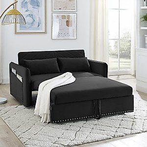 Antetek Sleeper Sofa Bed w/USB Port, Modern 3-in-1 Convertible Upholstered Velvet Loveseat Sofa w/Pull Out Bed, Small Futon Couch with Adjustable Backrest for Living Room Small Space Apartment, Black