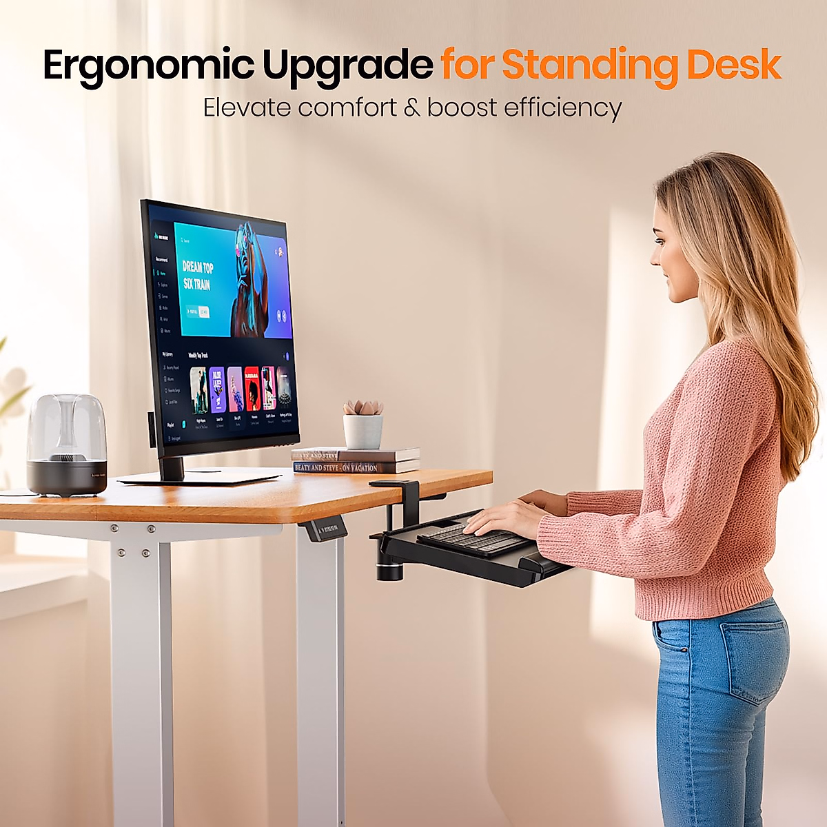 Rotating Keyboard Tray Under Desk - Klearlook PU Leather Keyboard Drawer Adjustable C Clamp,Ergonomic Mouse Keyboard Platform Extender,No Drilling,Easy Install Keyboard Stand,23.62"x 9.84"Inch-Black