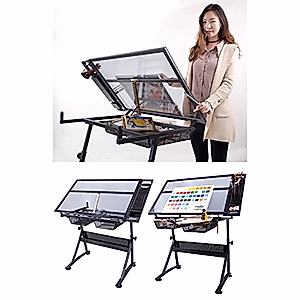 EESHHA Drawing Table Adjustable Glass Drafting Table,Versatile Art Study Table,with Storage Drawers,Art Studio Design Sketching Painting Work Station