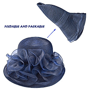 Organza Kentucky Fascinator Hat for Women - Derby Cocktail Tea Party Sun Hat Wedding Bridal Flower Church Hat Packable Dark Navy