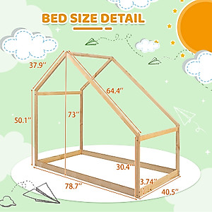 Merax Twin Bed Frames with Roof for Kids Girls Boys, Montessori Wooden House Shaped, Sturdy Framework, Easy Assembly, No Noise