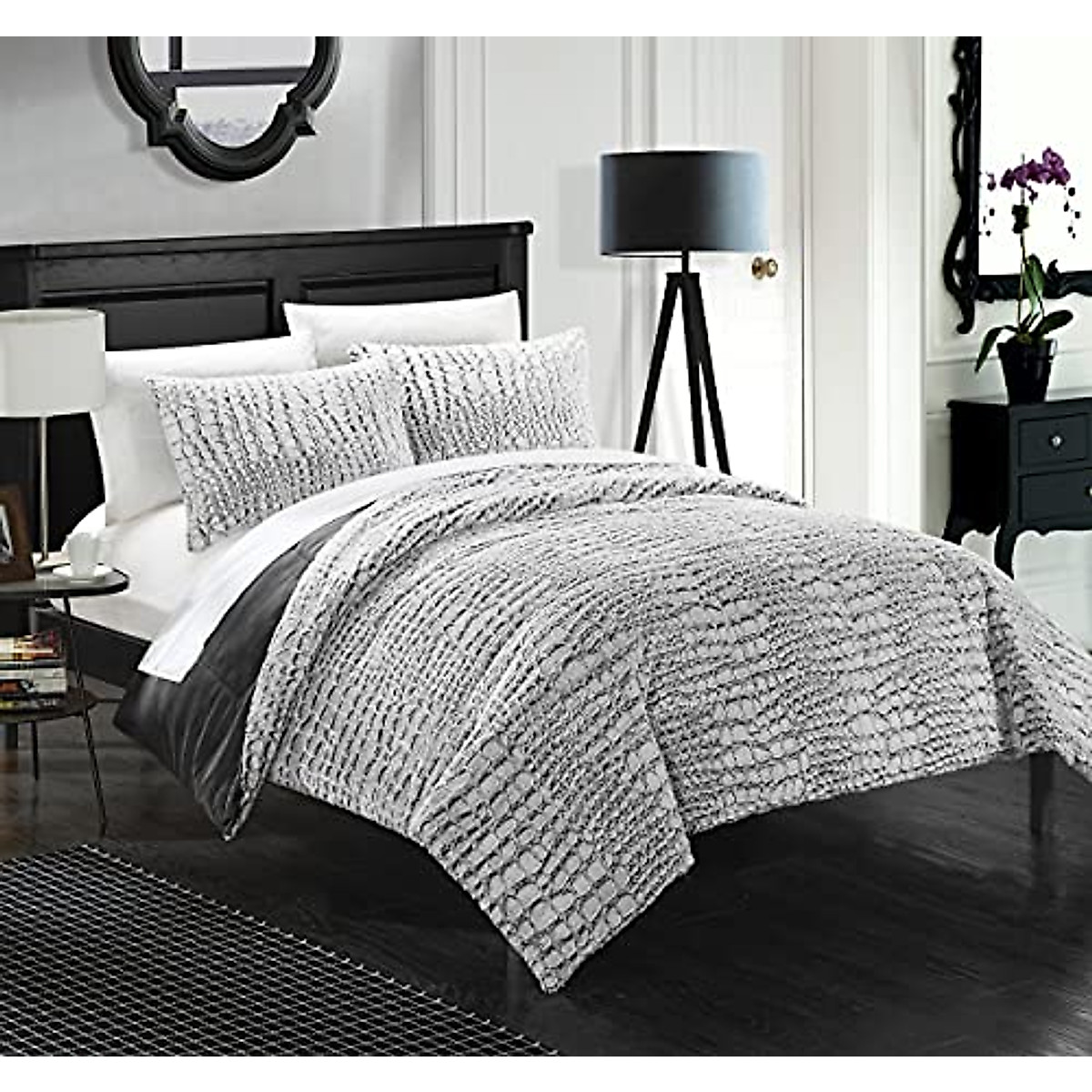 Chic Home 3 Piece New Faux Fur Collection with Mink Like Backing in Alligator Animal Skin Design Comforter Set, Queen, Grey