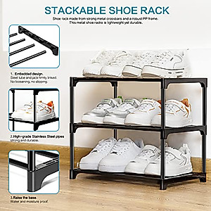 OLYREO Stackable Small Shoe Rack for Closet 3 Tier, Sturdy Shoe Rack Organizer for Front Door Entrance and Entryway, Free Standing Metal Shoe Shelf Storage for Closet Bedroom Garage Black