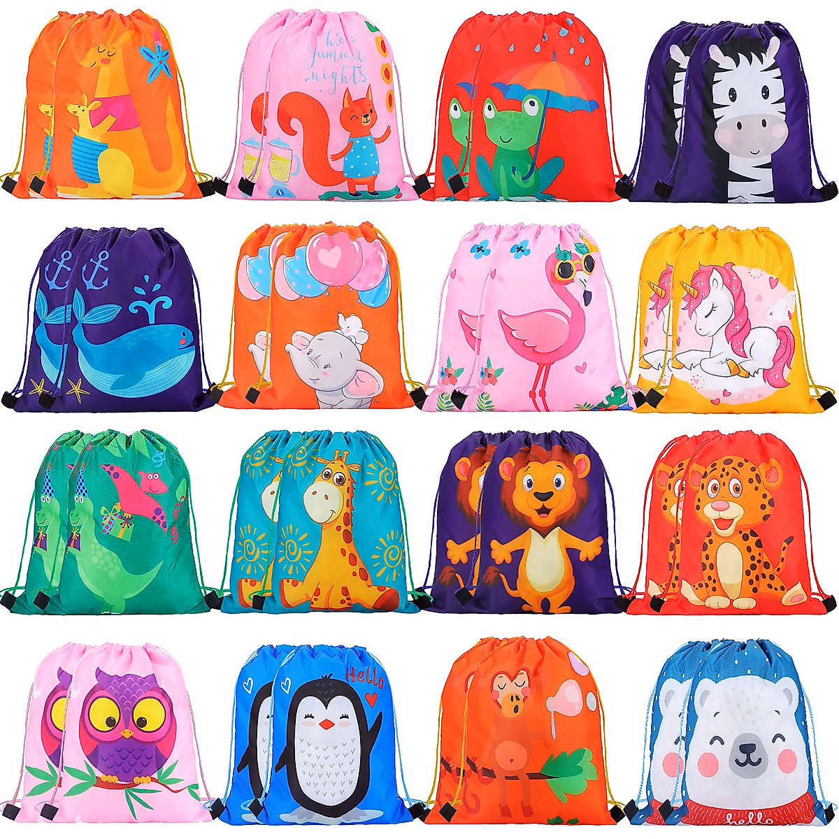 Animal Party Favor Drawstring Bags for Kids Birthday Supplies Carton Animal Backpack String Bags for Boys Girls Baby Shower Birthday Party Gift (32 Pack)