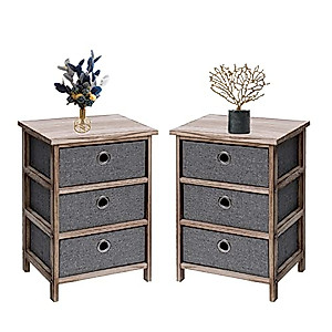 ECOMEX Nightstand Set of 2, Nightstands with Drawer, Wood Nightstand Easy Assembly Bedside Table with 3 Fabric Drawers,Small Nightstand for Bedroom.Grey
