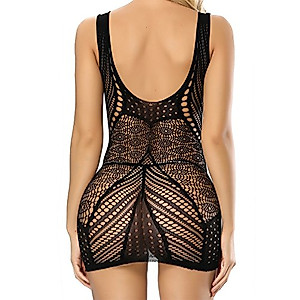 SeaFever Sexy Lingerie for Women Fishnet See Through Bodysuit One Piece V-Neck Mini Dress Intimates Sex Clearance Strapless Mesh Chemise Babydoll (Black)