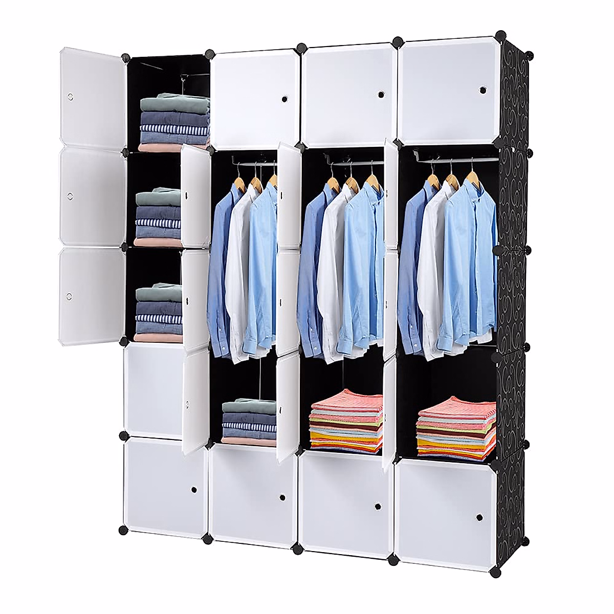 Modular Wardrobe, Portable Clothes Closet, 20 Cube Organizer Stackable Plastic Cube Storage Shelves Design Multifunctional Modular Closet Cabinet with Hanging Rod White