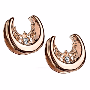 Pierced Owl Rose Gold Tone Floral Filigree Crystal Center Saddle Spreader Ear Gauges in 316L Stainless Steel, Sold as A Pair (10mm (00GA))
