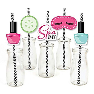 Big Dot of Happiness Spa Day - Paper Straw Decor - Girls Makeup Party Striped Decorative Straws - Set of 24