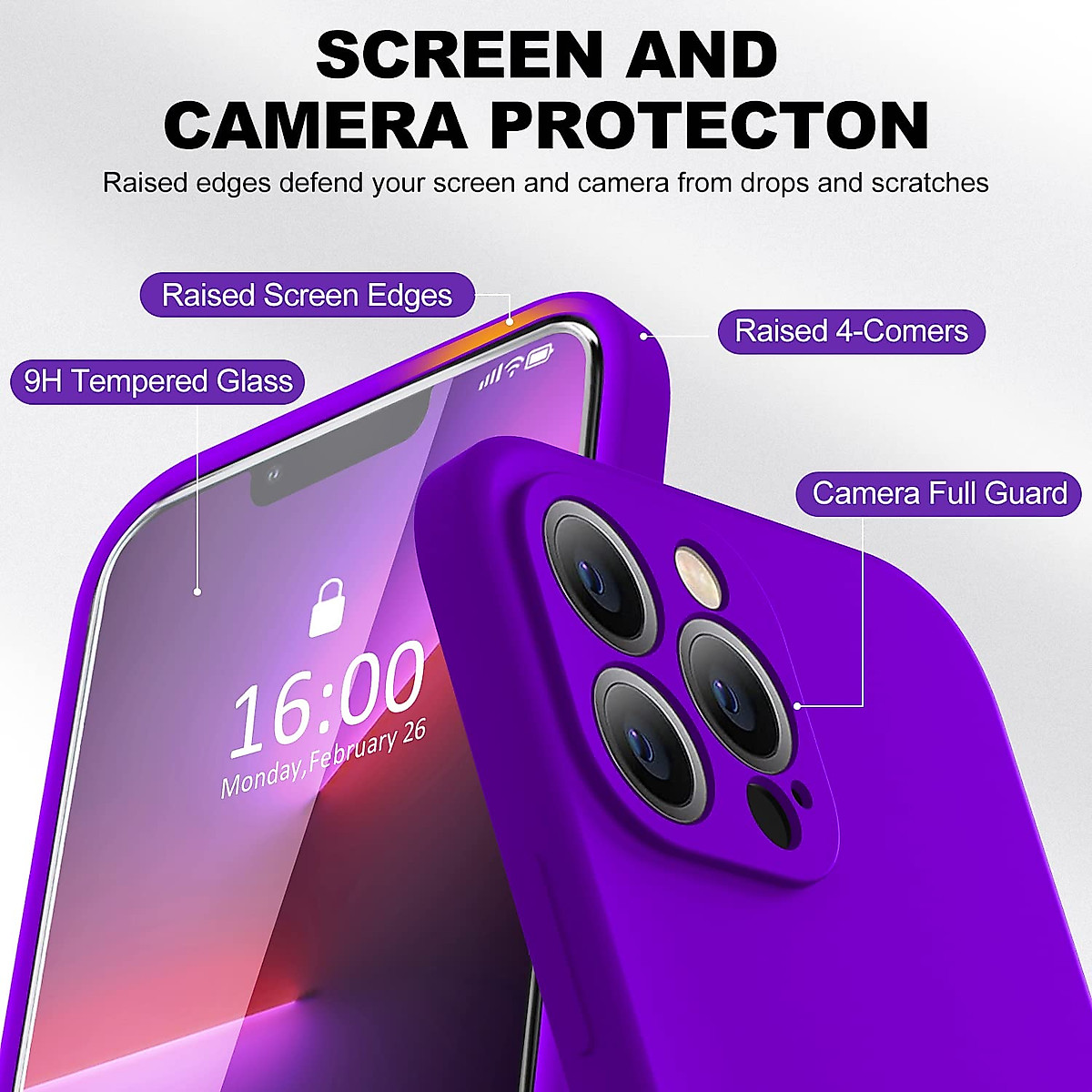 BossKiss Compatible with iPhone 13 Pro Max Case, Premium Liquid Silicone Case [Velvety Touch] [2 Pcs 9H Tempered Glass Screen Protector], Camera All-Round Protection Shockproof Kit Case,Neon Purple