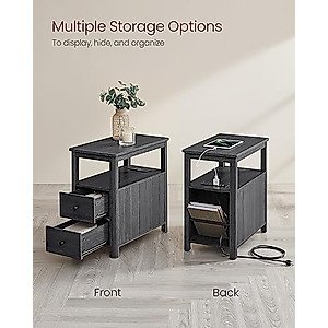 VASAGLE Side Table with Charging Station, Narrow Nightstand with 2 Drawers, Living Room End Table with Storage, for Small Spaces, Coastal Style, Charcoal Gray ULET322B22