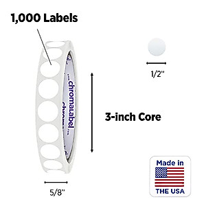 ChromaLabel 0.50 Inch Round Label Removable Color Code Dot Stickers, 1000 Labels per Roll, White