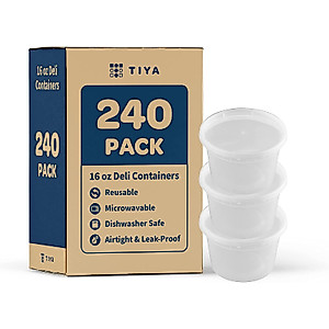 TIYA Takeout Food Containers - 16oz Bulk 240 Pack with Lids - Plastic Food Storage to-Go Containers - Reusable Microwavable Dishwasher Safe Takeout Cups - Airtight Leak Proof for Soups & Meal Prep