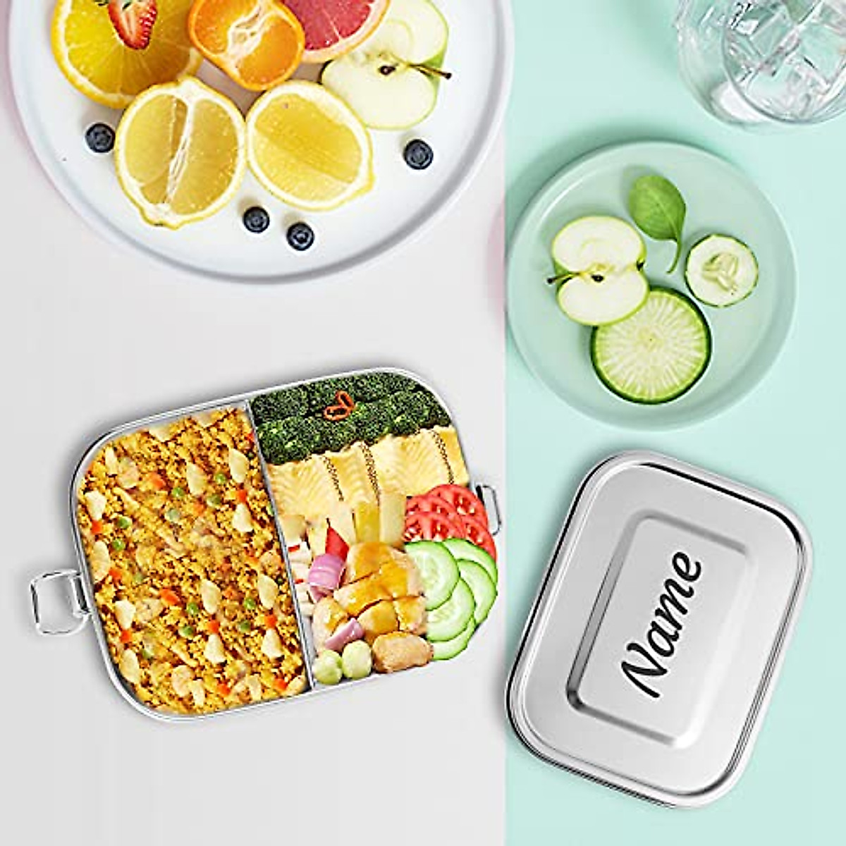 OXYEFEI Stainless Steel Bento Box, Personalized Lunch Container 3 Compartments can Hold All Kinds of Food Metal Lunch Box for Children or Adults (1800ml)