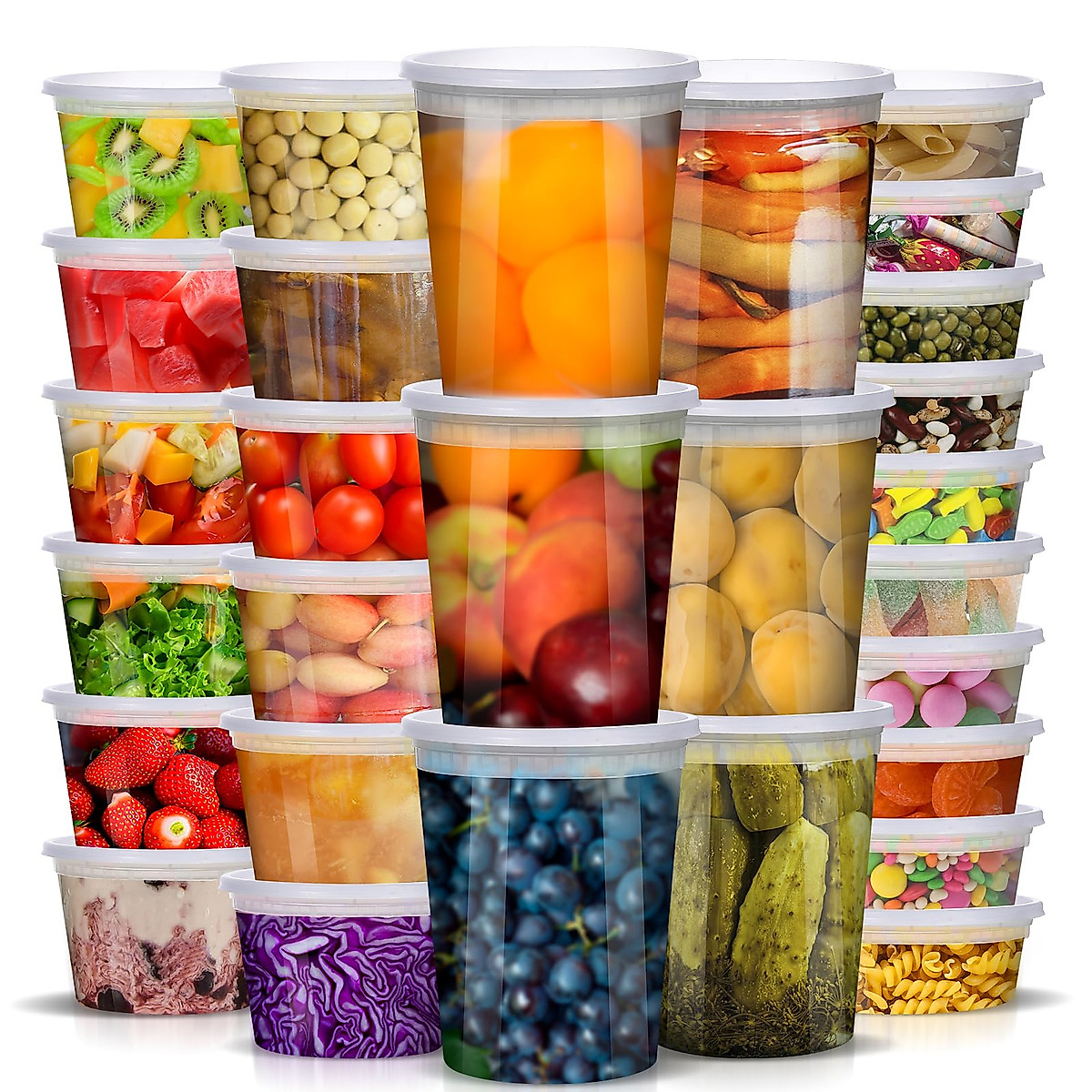 Deli Containers with Lids 48 Sets (8, 16, 32 oz 16 Each) - Clear Soup Containers Plastic Quart Containers with Lids, Pint Take out Containers Leakproof, BPA Free, Dishwasher/Microwave/Freezer Safe