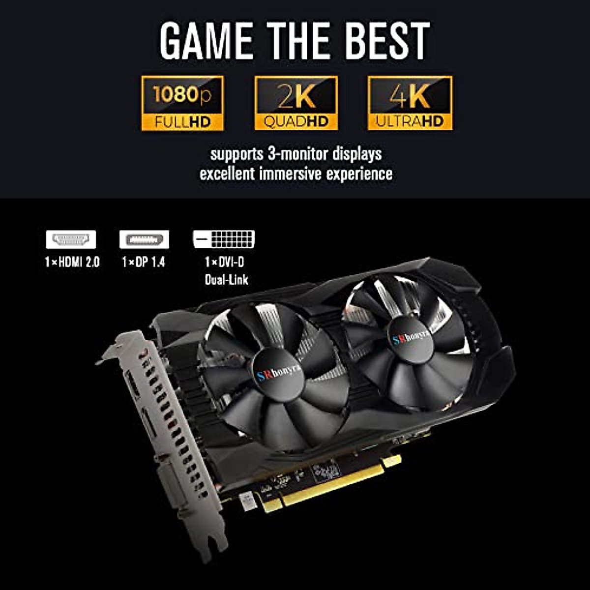 SRhonyra Radeon RX 580 8GB GDDR5 Graphics Card for Gaming PC Video Card 2048SP 256-Bit PCIe 3.0 x16 6-Pin Connector 2 Cooling Fan Desktop Computer Gaming GPU with HDMI, DisplayPort & DVI Ports