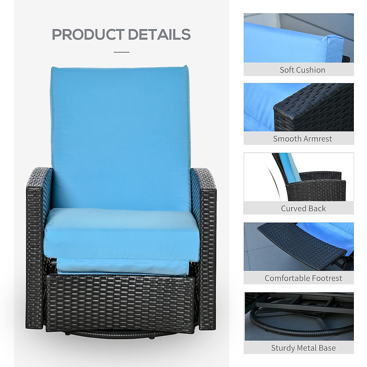 Outsunny Outdoor Wicker Swivel Recliner Chair, Reclining Backrest, Lifting Footrest, 360° Rotating Basic, Water Resistant Cushions for Patio, Light Blue