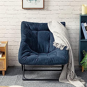 HollyHOME X-Large Saucer Chair, Comfy Oversized Folding Chair, Faux-Fur Reading Chair for Teens, Adults, Foldable Accent Lazy Chair, Metal Frame Lounge Chair for Living Room, Bedroom, Dorm, Navy Blue