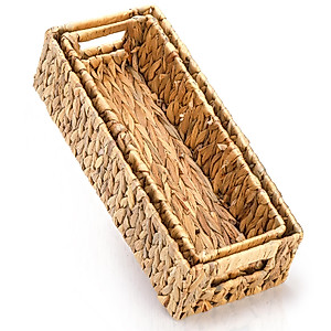 2 Pack Wicker Storage Baskets, Water Hyacinth Holder for Toilet Paper, Rectangular Natural Bins with Built-in Handles, Handwoven Organizer for Bathroom Kitchen Pantry Tank Top, 2 Sizes