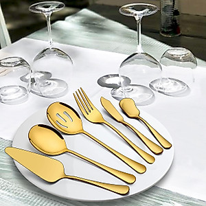 Homikit 6 Pieces Gold Serving Utensils, Modern Stainless Steel Serving Hostess Set with Serving Spoons, Serving Fork, Pie Server, Butter Knife, Ice Cream Spoon, Mirror Polished, Dishwasher Safe