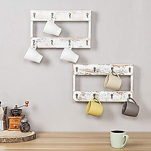 MyGift Wall Mounted Whitewashed Wood Coffee Mug Holder Rack with 8 Hooks, Coffee Bar Accessories Wall Decor, Tea Cup Hanging Rack, Set of 2