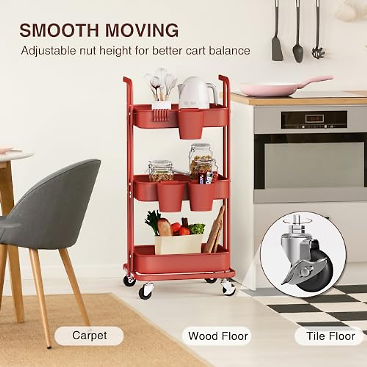 DTK 3 Tier Foldable Rolling Cart, Metal Utility Cart with Lockable Wheels, Folding Storage Trolley for Living Room, Kitchen, Bathroom, Bedroom and Office, Red
