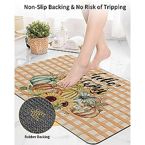Bathroom Floor Shower Mat, Non-Slip Small Rugs - Easy to Clean, Hello Autumn Thanksgiving Pumpkin Sunflower Daisy Pattern Durable Bath Rug 20"x32" Washable Quick Dry Mats for Bathtubs