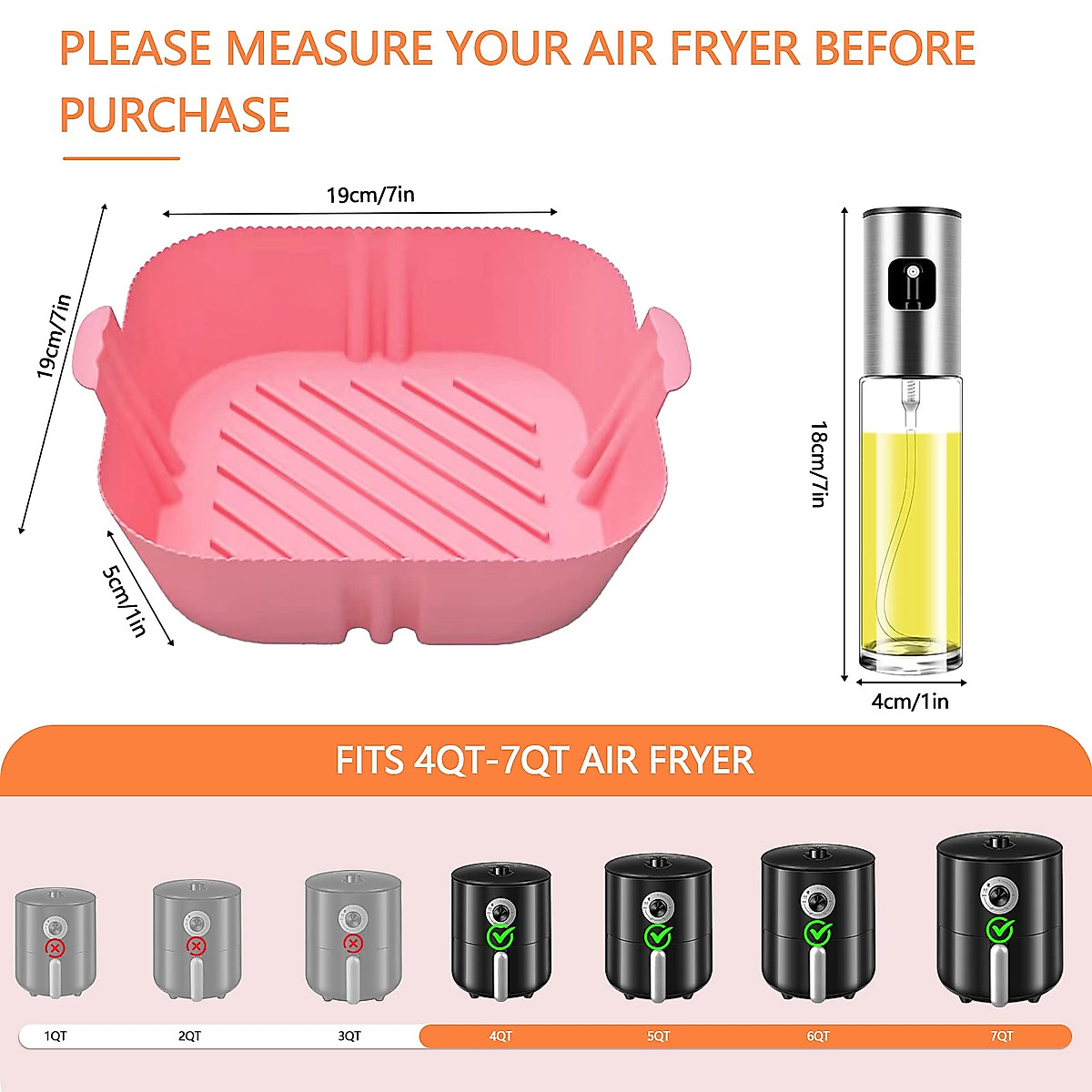 Air Fryer Silicone Liners Square - 8 Inch Reusable Silicone Air Fryer Liners 2 Pack with Oil Sprayer for Cooking Food Safe for 4 to 7 Qt Air Fryer Basket Oven Accessories