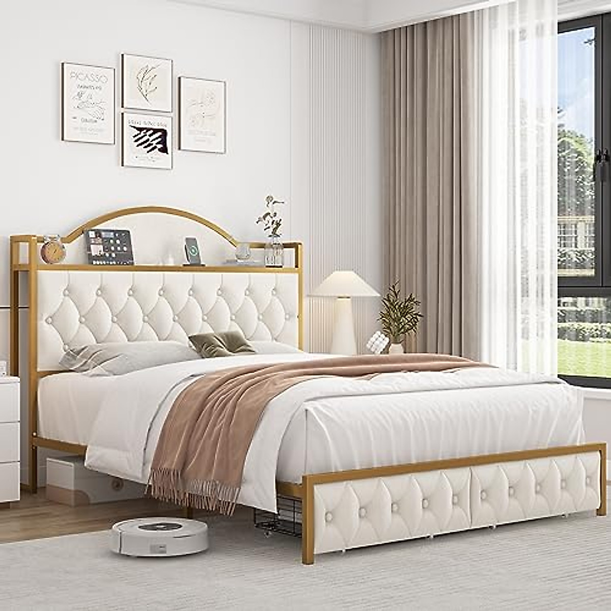 HITHOS Queen Size Bed Frame with 2 Drawers and Storage Headboard, Button Tufted Modern Upholstered Platform Bed with Charging Station, No Box Spring Needed, 51.6" Tall Headboard, Off White