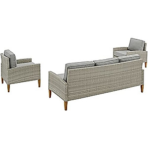 Crosley Furniture Capella 3-Piece Outdoor Sofa Patio Furniture Set, Wicker Conversation Sets for Porch, Acorn with Gray Cushions