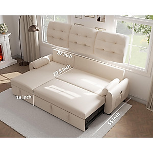 Ucloveria Sectional Sofa Couch, 87" Sleeper Sofa Bed with Reversible Storage Chaise Pull Out Couch for Living Room | Side Pocket | Charging Station | Removable Backrest | Linen Fabric, Beige