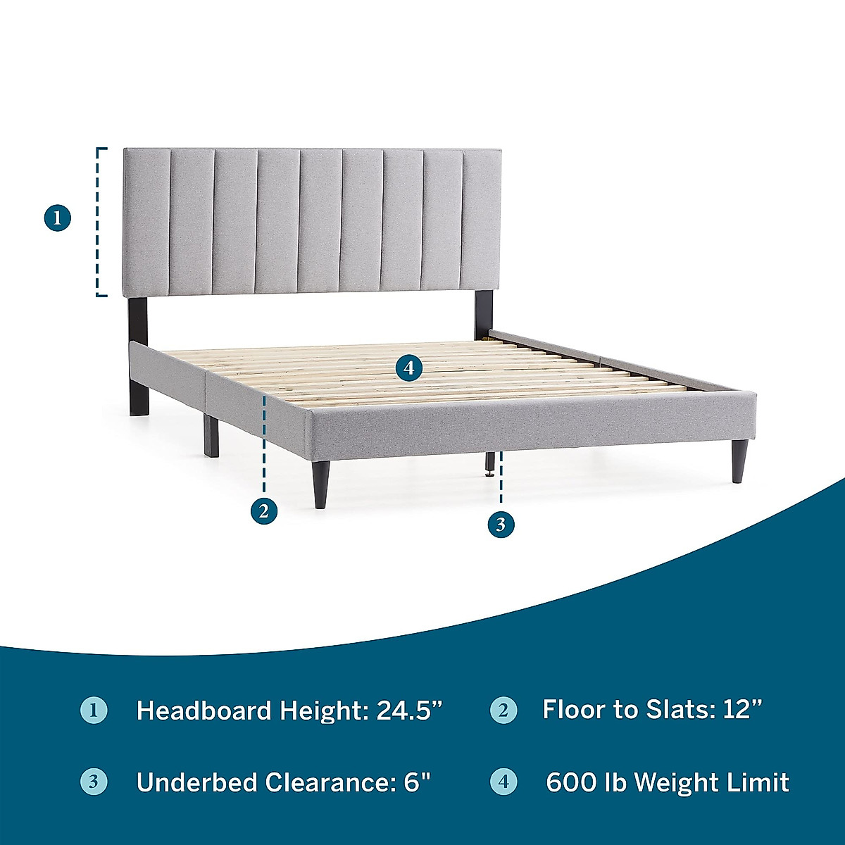 Lucid Queen Bedframe with Vertical Channeled Headboard — Upholstered Platform Bed — Easy Assembly — Queen Size — No Box Spring Needed — Stone Color