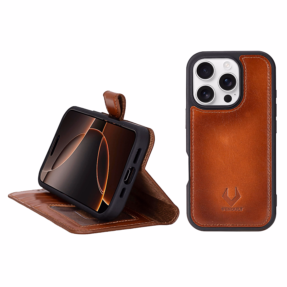 VENOULT Wallet Case for iPhone 16 Pro MAX 6.9" / 16 Pro 6.3" / 15 Pro MAX /14/13 Pro and All Previous Series, [Compatible with MagSafe], Man or Women, 4 Card Holder, Full Grain Genuine Leather, RFID