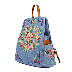 Jursccu Denim Embroidered Floral Canvas Backpacks for Women Anti theft Retro Jeans Travel Ethnic Style Shoulder Bag one-size